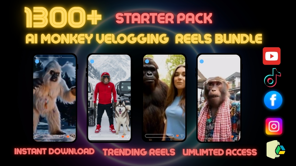 🐵 1300+ AI Monkey Vlogging Reels Starter Pack – Viral Funny Content 🎥
