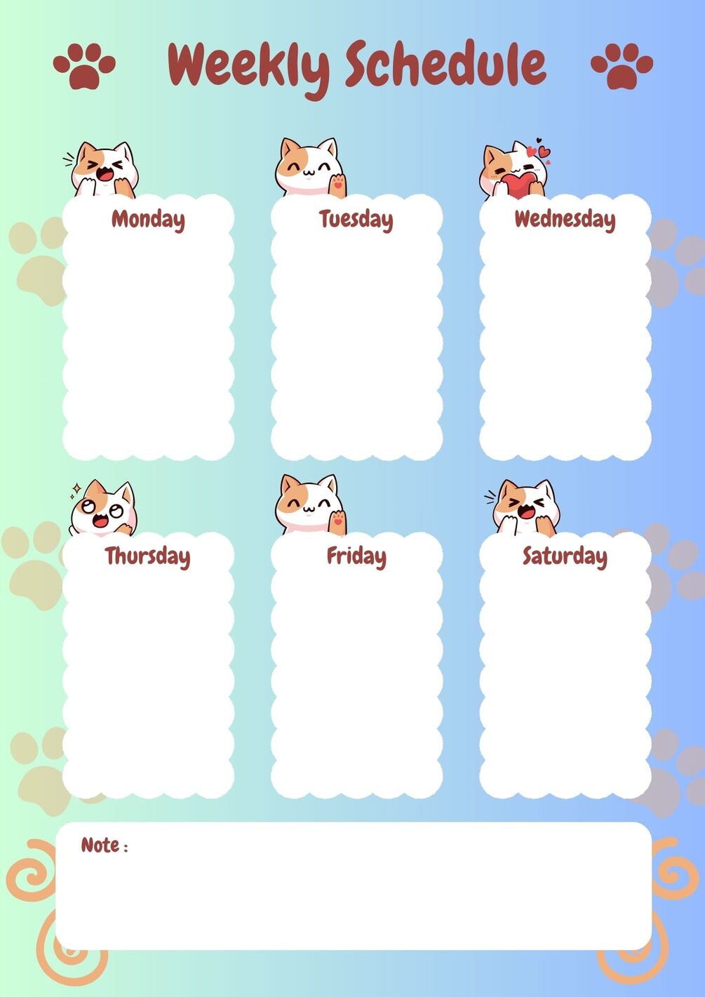 Soft Orange Gradient Cute Cat Weekly Schedule Planner