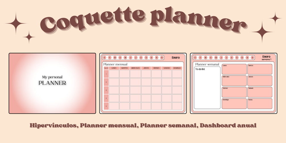 Coquette Planner semanal y mensual + Hipervínculos (Sin fecha)