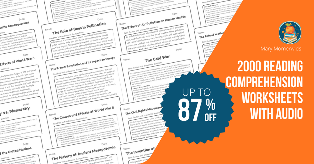 2000 Reading Comprehension Passages Worksheet Bundle with Audio