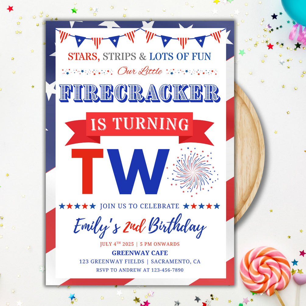 July 4th Birthday Invitation | Firework Theme Canva Template | Editable ...