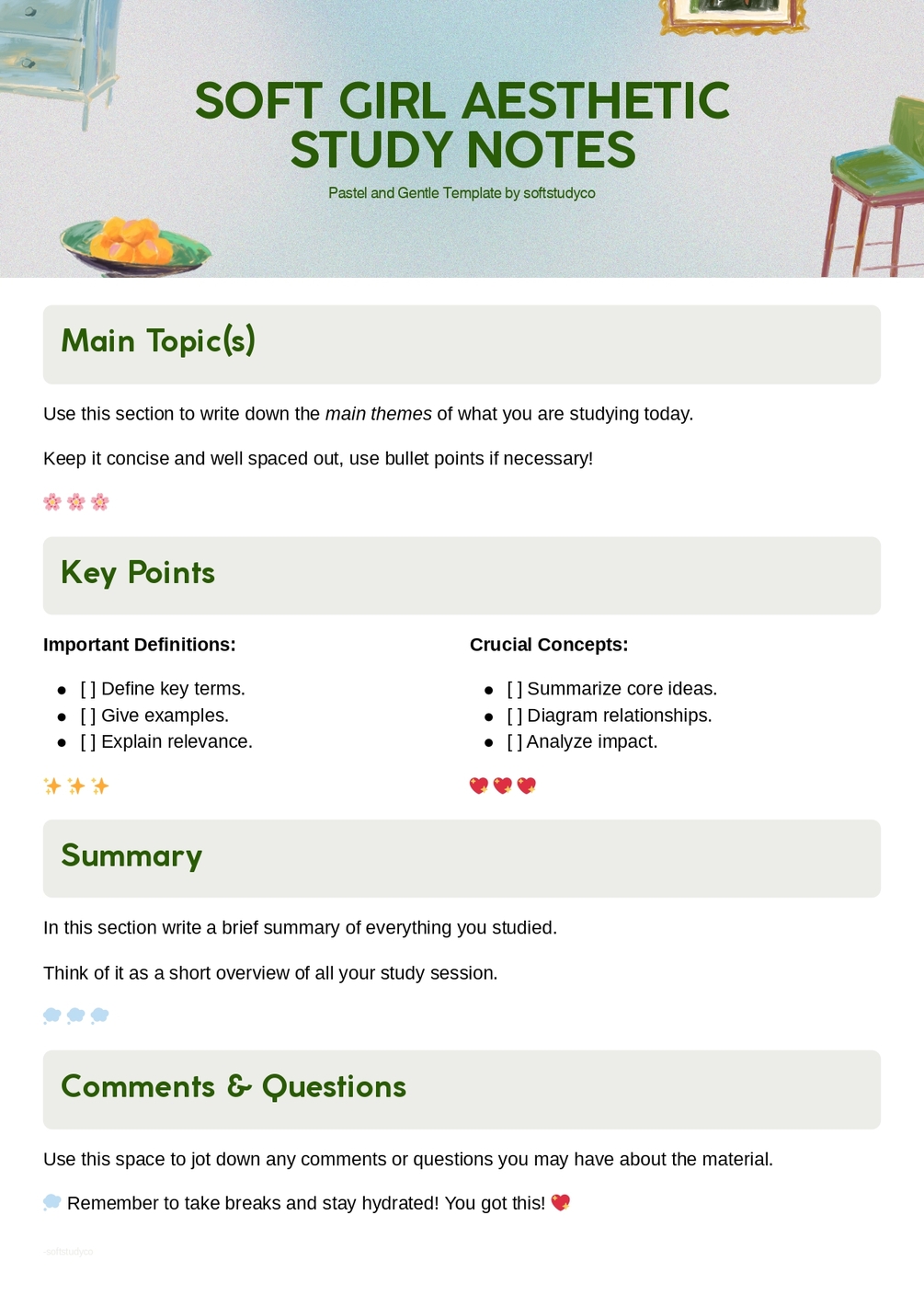 Soft Girl Study Notes Template