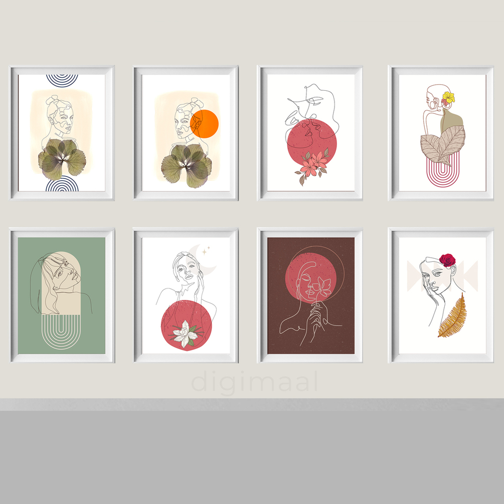 Boho line art - Set of 8, Bohemian Art style Printable Wall Art Boho ...