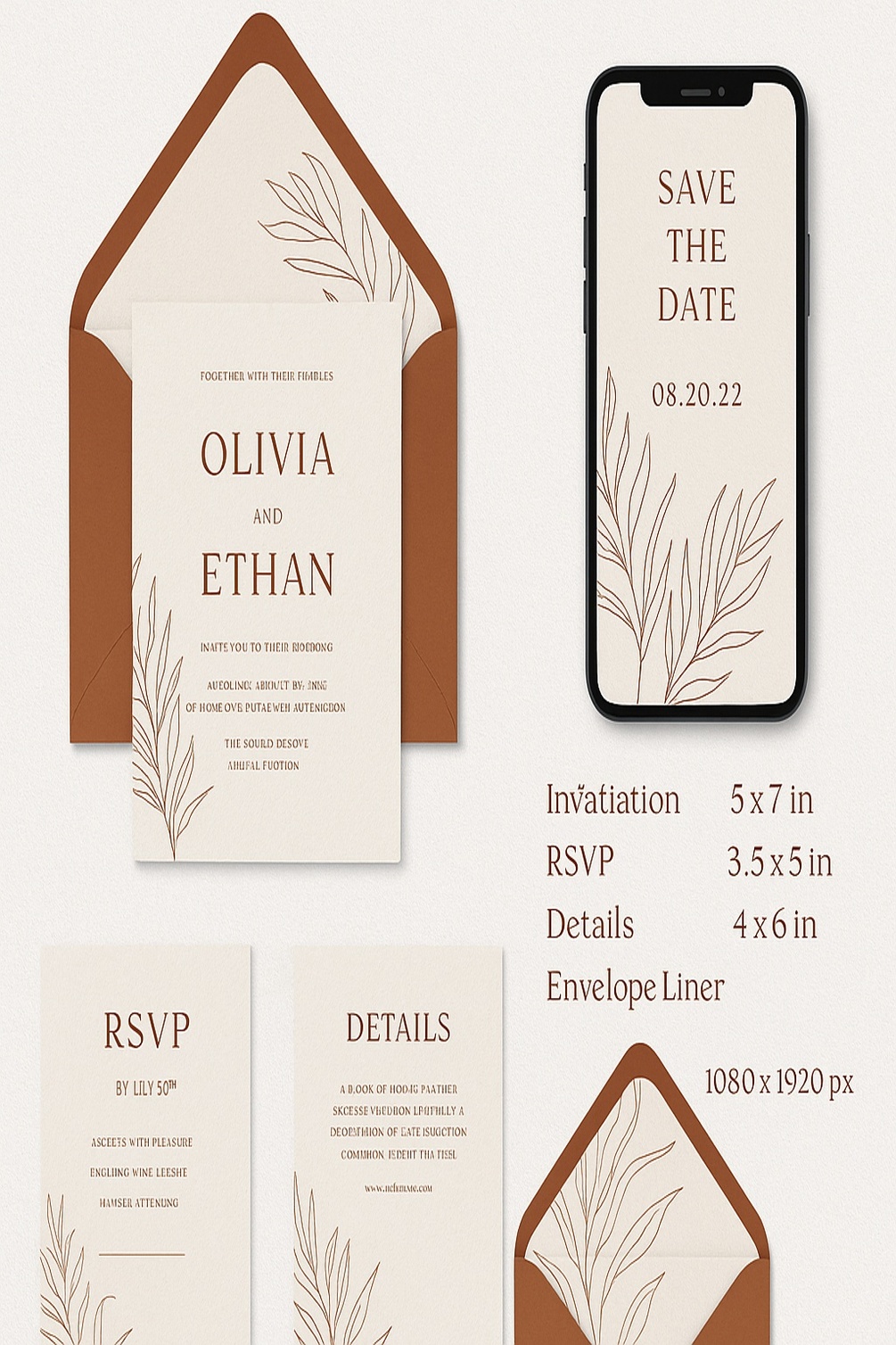 Elegant Vows – Boho Wedding Invitation Suite (PSD + Canva)