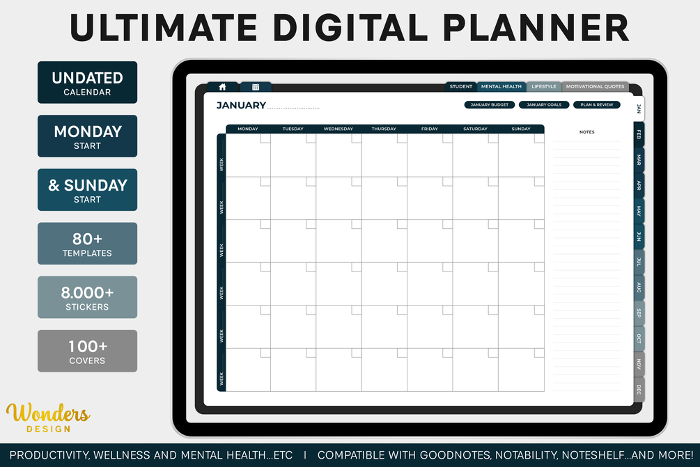 Digital Planner Undated, Digital Journal, Template