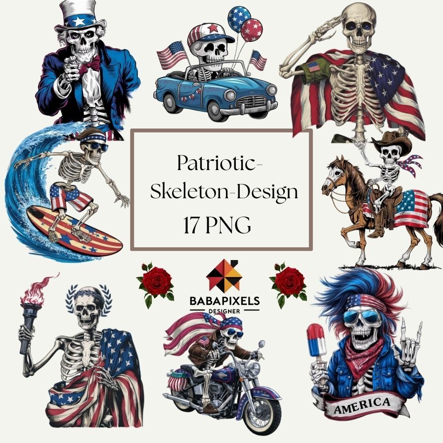 Patriotic Skeleton Sublimation Design Bundle - 17 High-Resolution PNG ...
