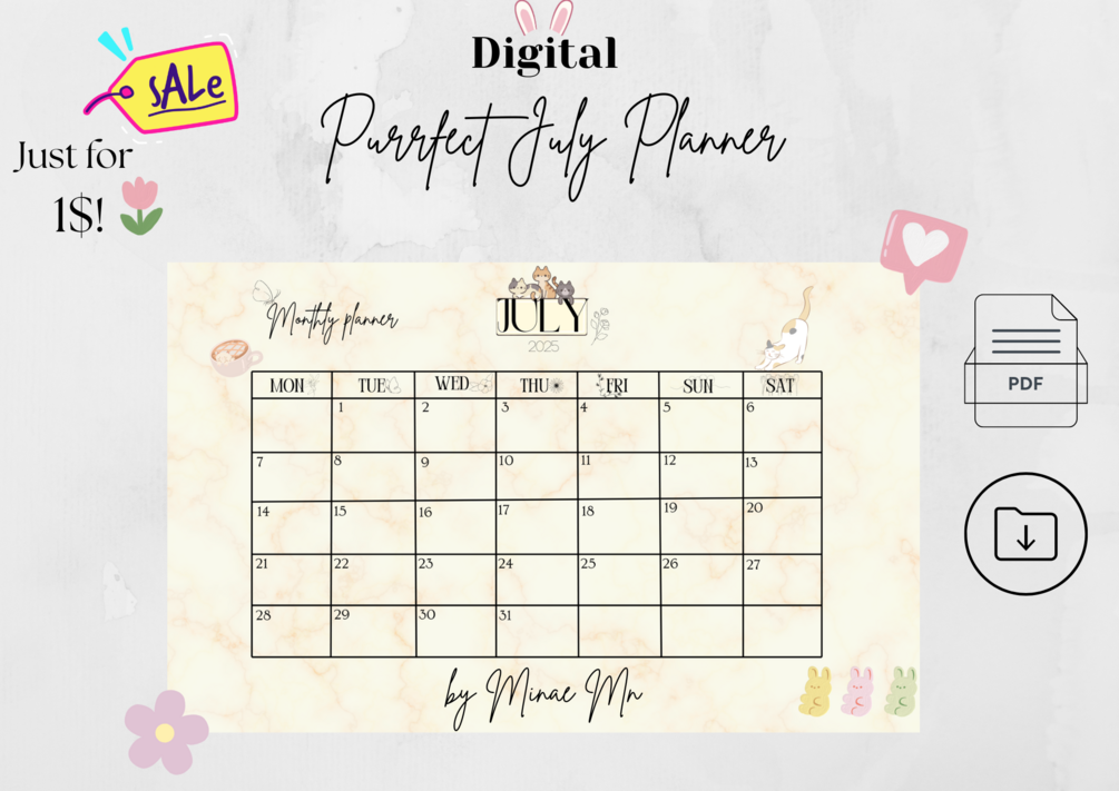 Purrfect July Digital Planner – Minimal, Cute & Functional