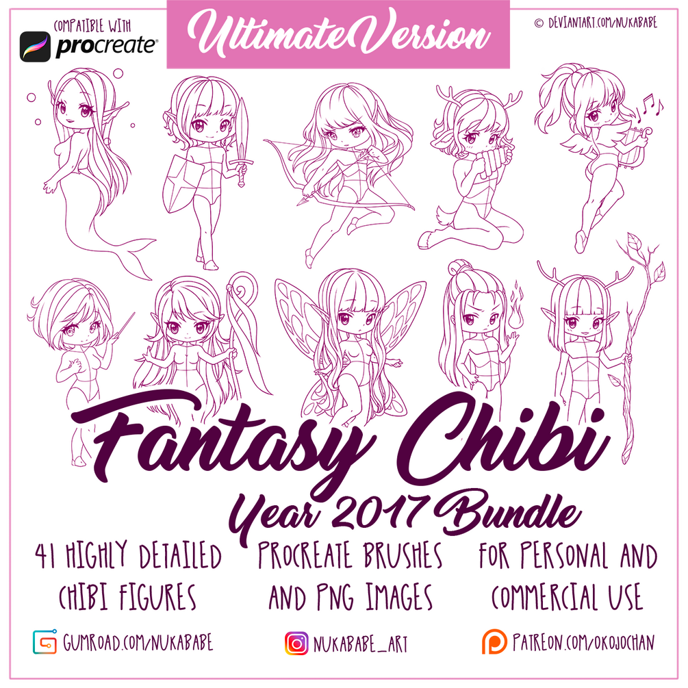 BIG Pack of Fantasy Chibi Bases 2017 - Procreate and PNG