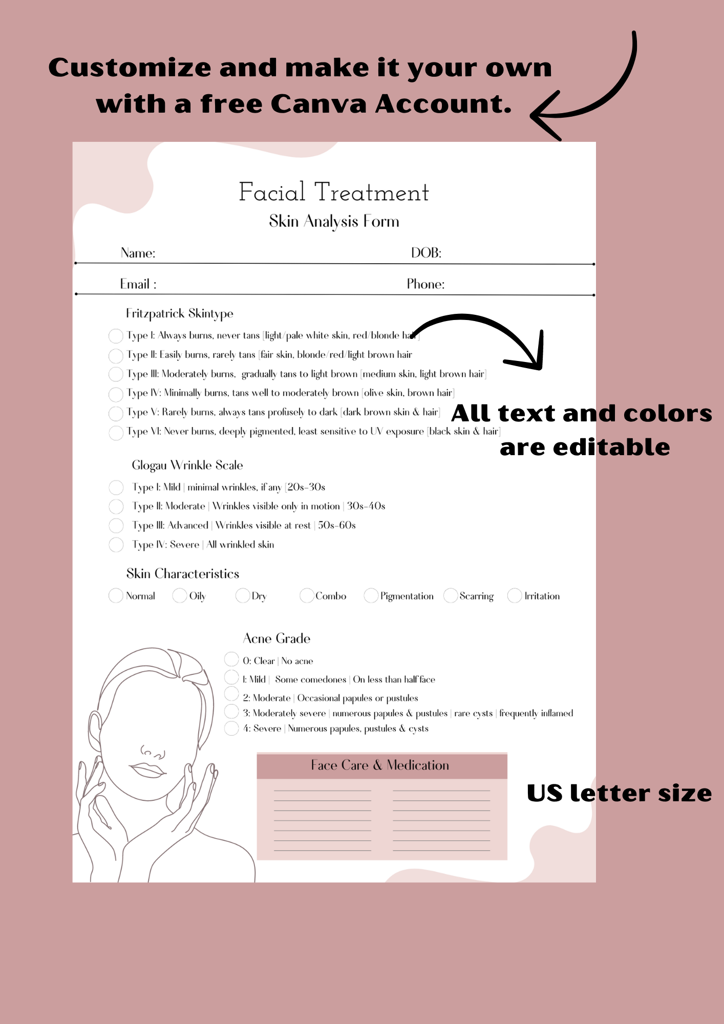Editable and Printable Skin Analysis Form Template for Estheticians ...