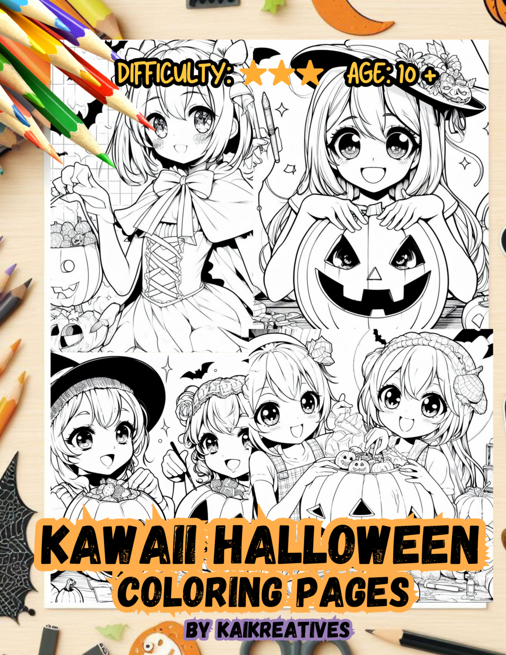 Premium Halloween Coloring Pages: Anime Kawaii Girls Edition