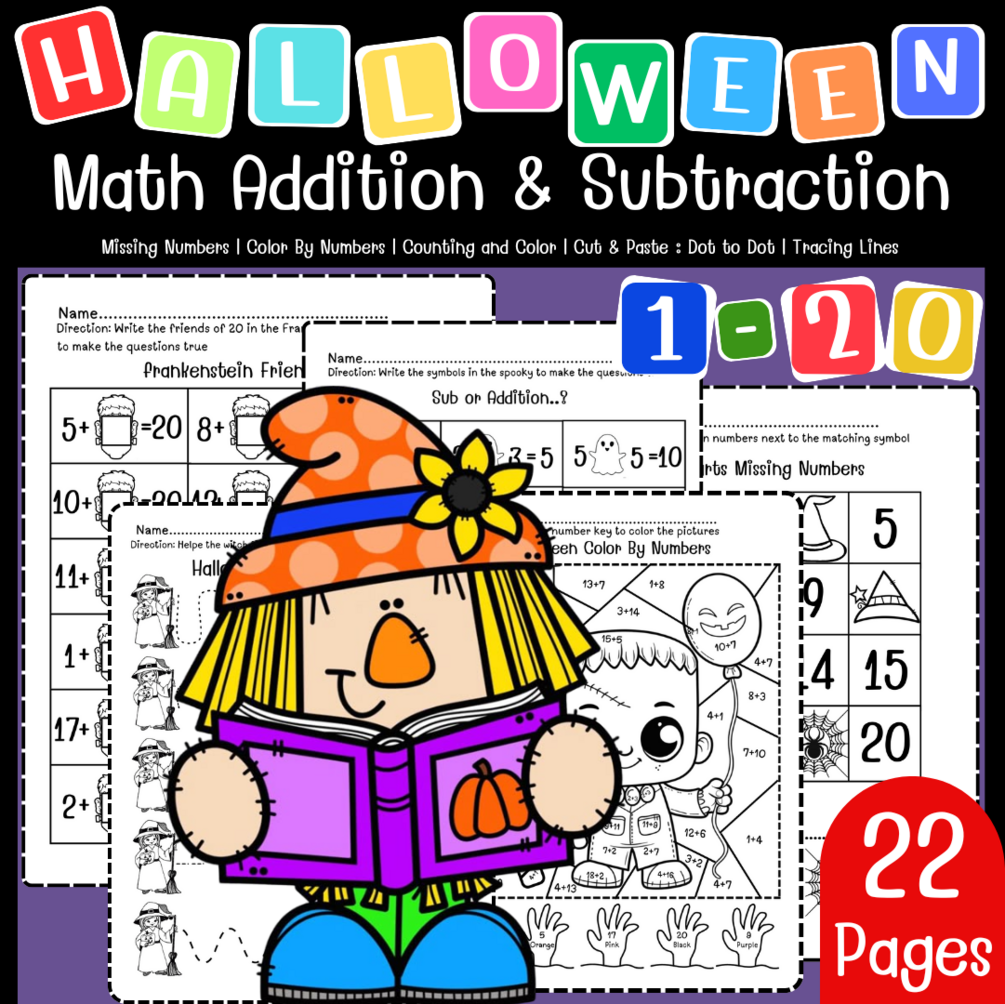 Halloween Math Addition & Subtraction Worksheets | Math Coloring pages