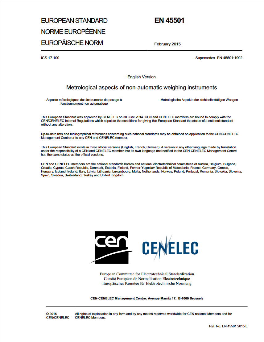 EN 45501:2015 Metrological aspects of non-automatic weighing instruments