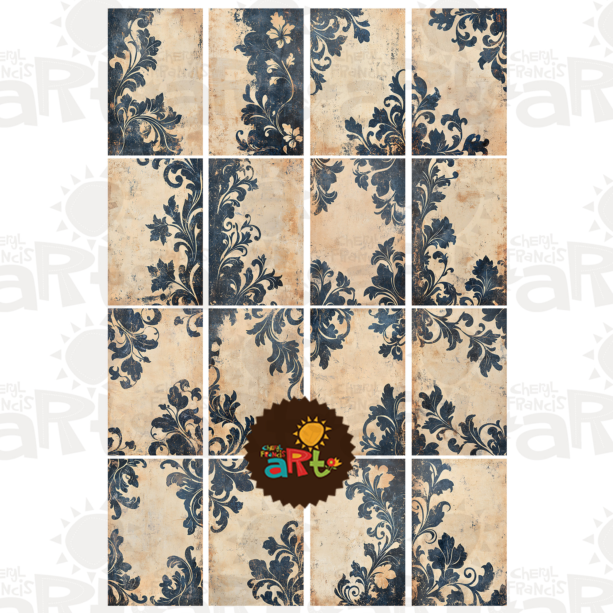 16 pc Pretty Blue Ornament Design on Cream Vintage Printable Junk ...