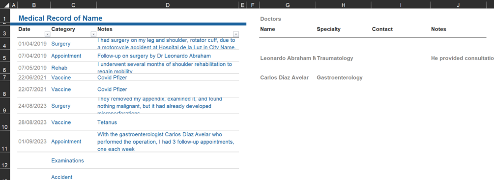 Medical Record Keeping Excel Template
