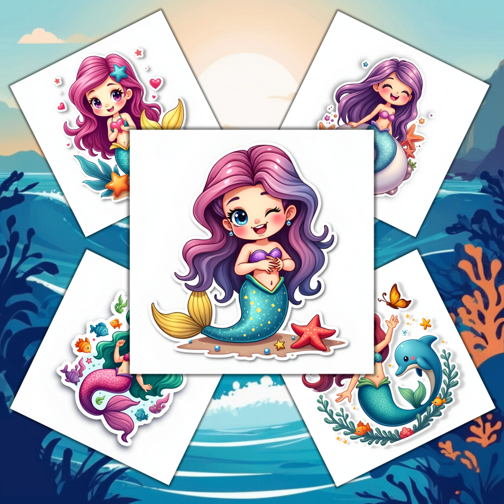 15 Digital Cute Mermaid Stickers - Enchanting Designs in Diverse Shapes ...