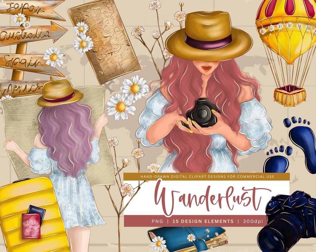 Global Explorer Clipart: Watercolor Travel, Wanderlust PNGs, Vintage ...