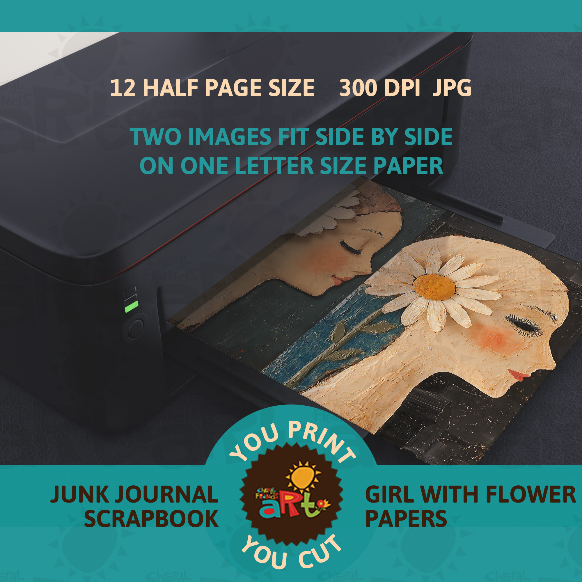 12 pc Dimensional Girl with Flower Portrait Art Printable Junk Journal ...