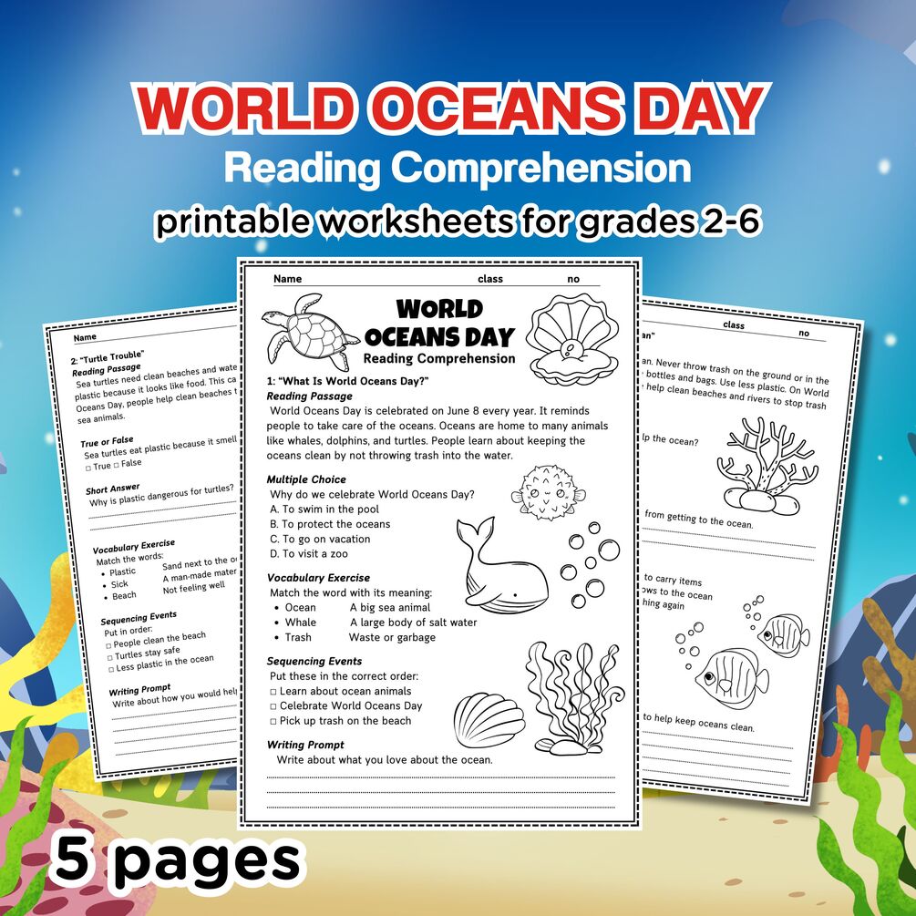 World Oceans Day Reading Comprehension Worksheets for Grades 2-6 ...