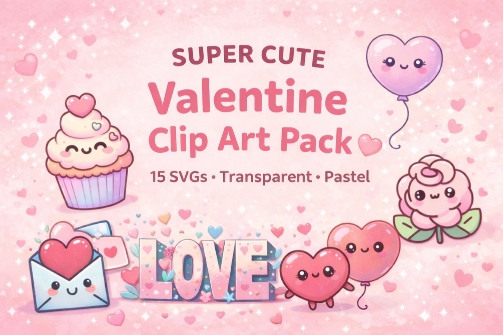 Super Cute Valentine SVG Clip Art Pack (15 SVGs | Pastel & Kawaii)