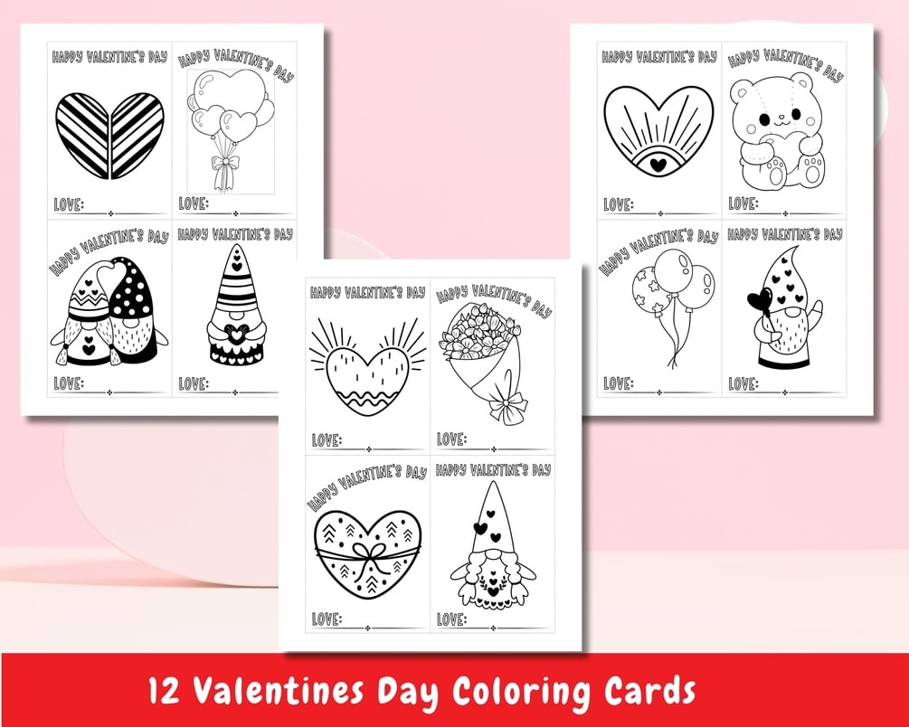 12 Valentine's Day Mini Coloring cards for kids ( 3.5 x 5 inches )