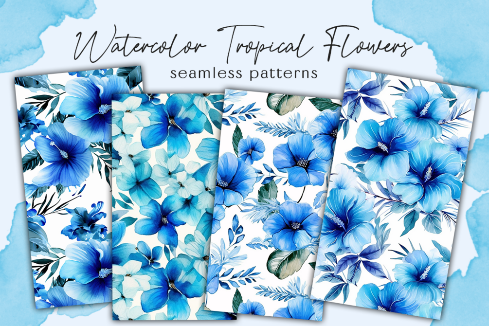 Watercolor Tropical Blue Flowers Patterns