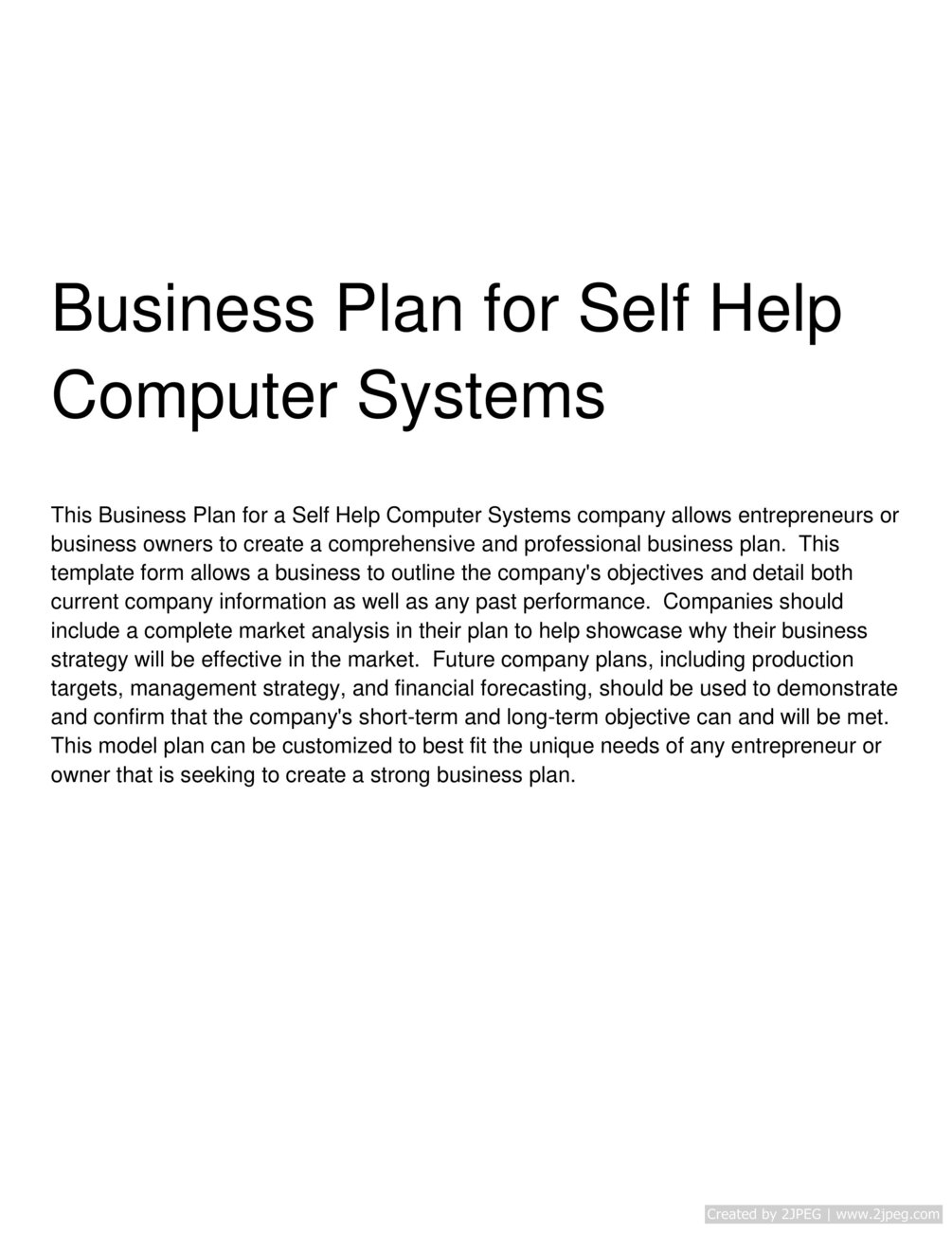 Business Plan for Self Help Computer Systems