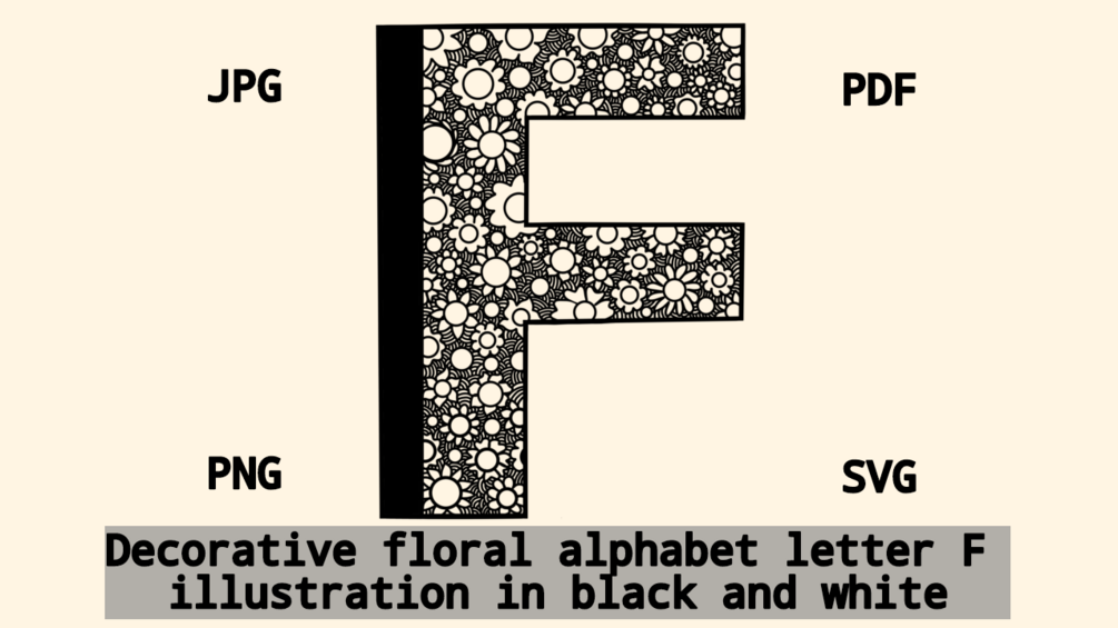 Decorative floral alphabet letter F illustration in black and white