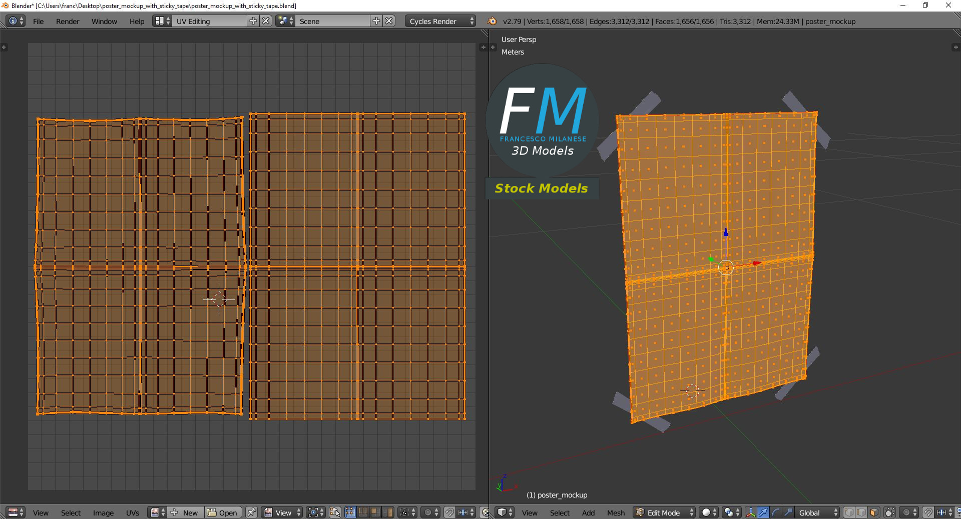 3D MODEL - Poster mockup with sticky tape