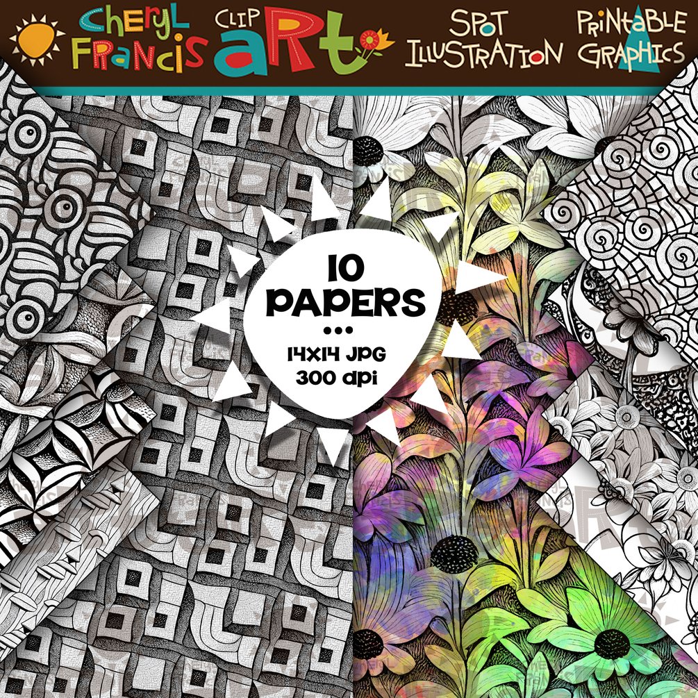 10 Scratchboard Style Sketchy Coloring Papers 1.8
