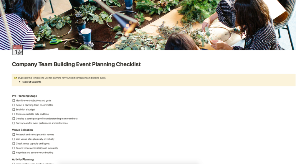Notion - Company Team Building Event Planning Checklist Template