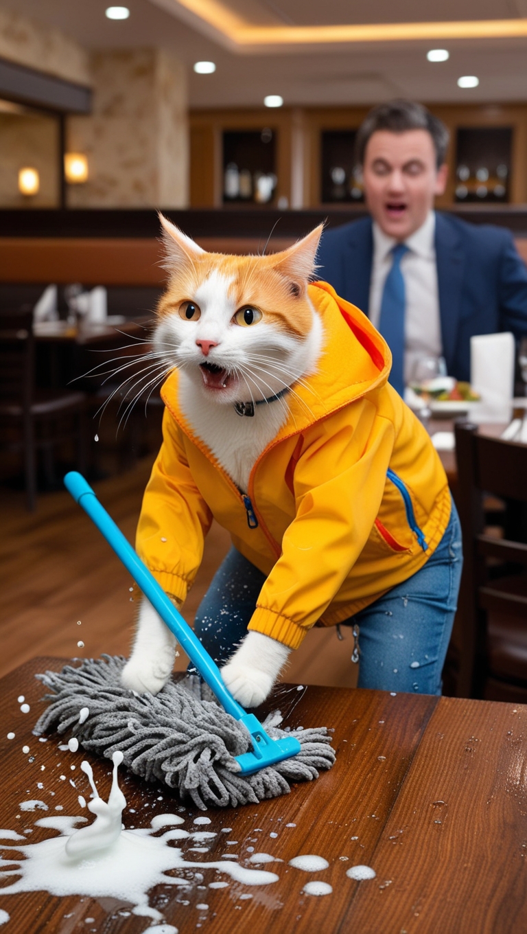 "A white and bright orange cat in a yellow jacket and blue jeans mops a ...