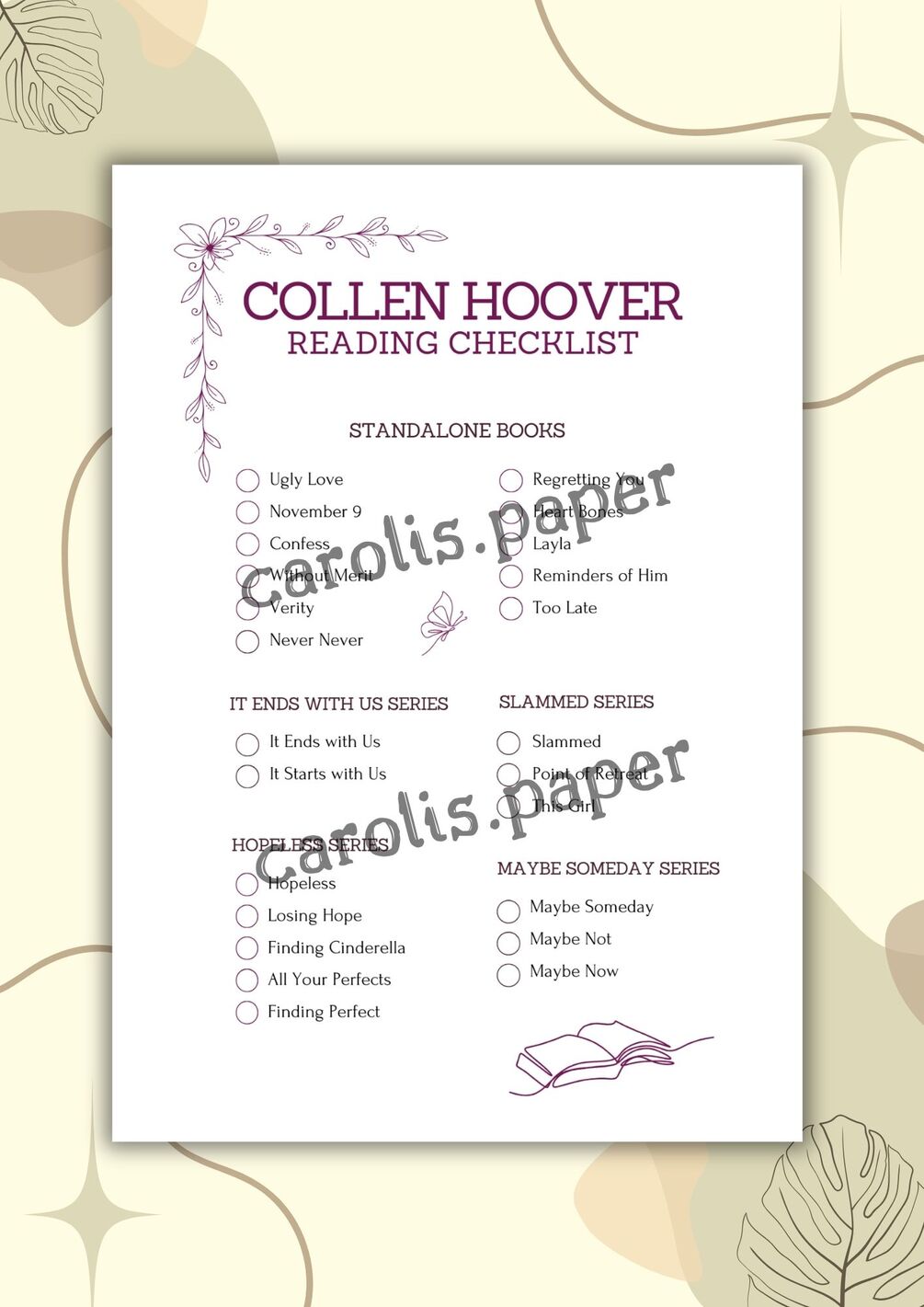 Reading Checklist Colleen Hoover - Digital File for Printing and Download