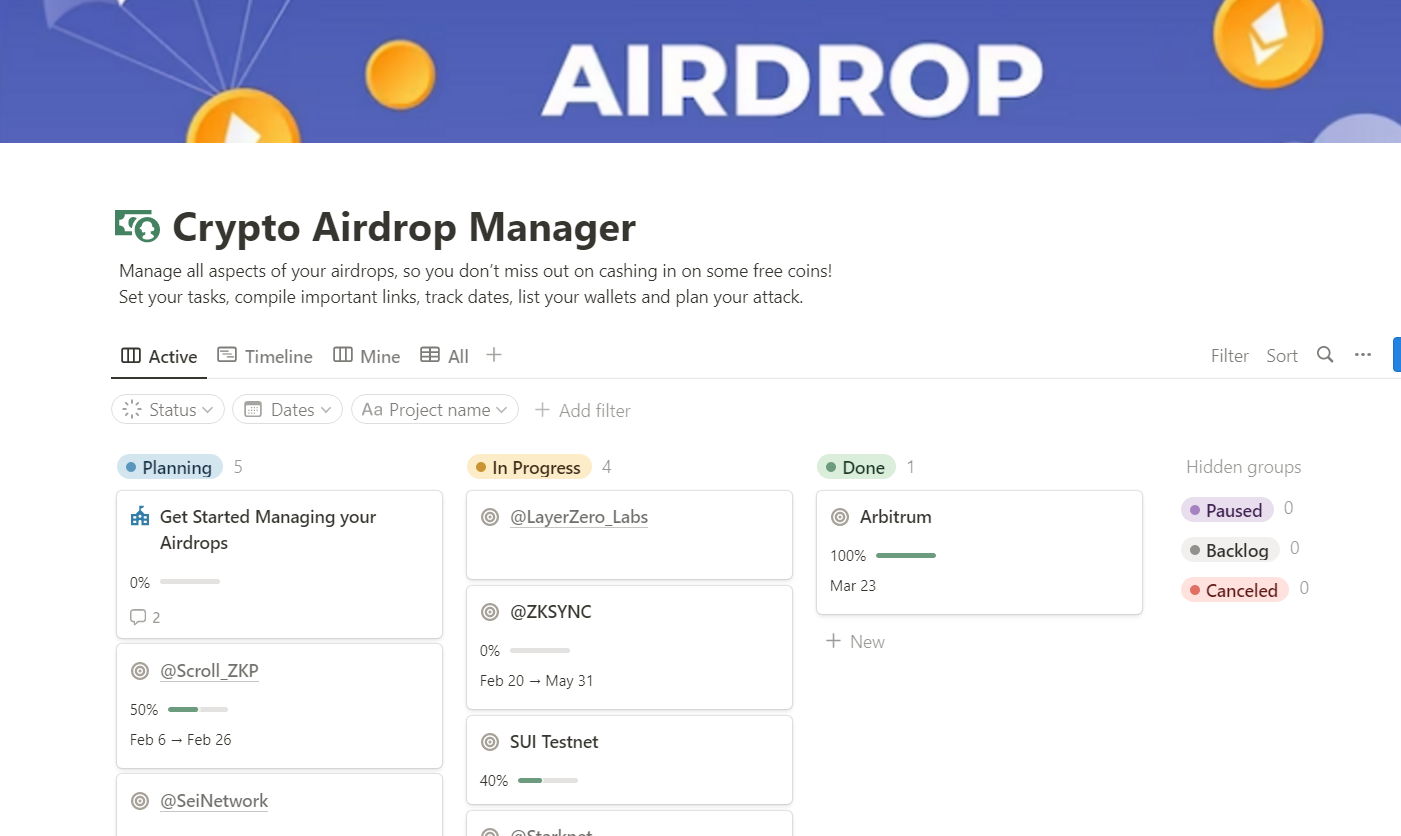Crypto Airdrop Manager Notion Template
