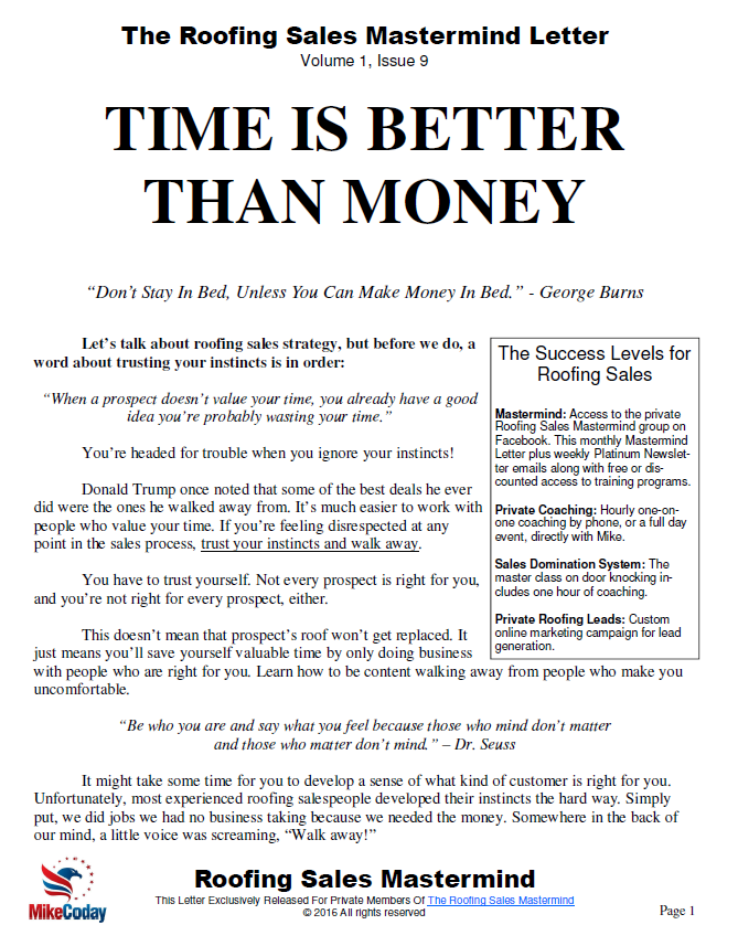 Time Is Better Than Money: The Roofing Sales Mastermind Letter