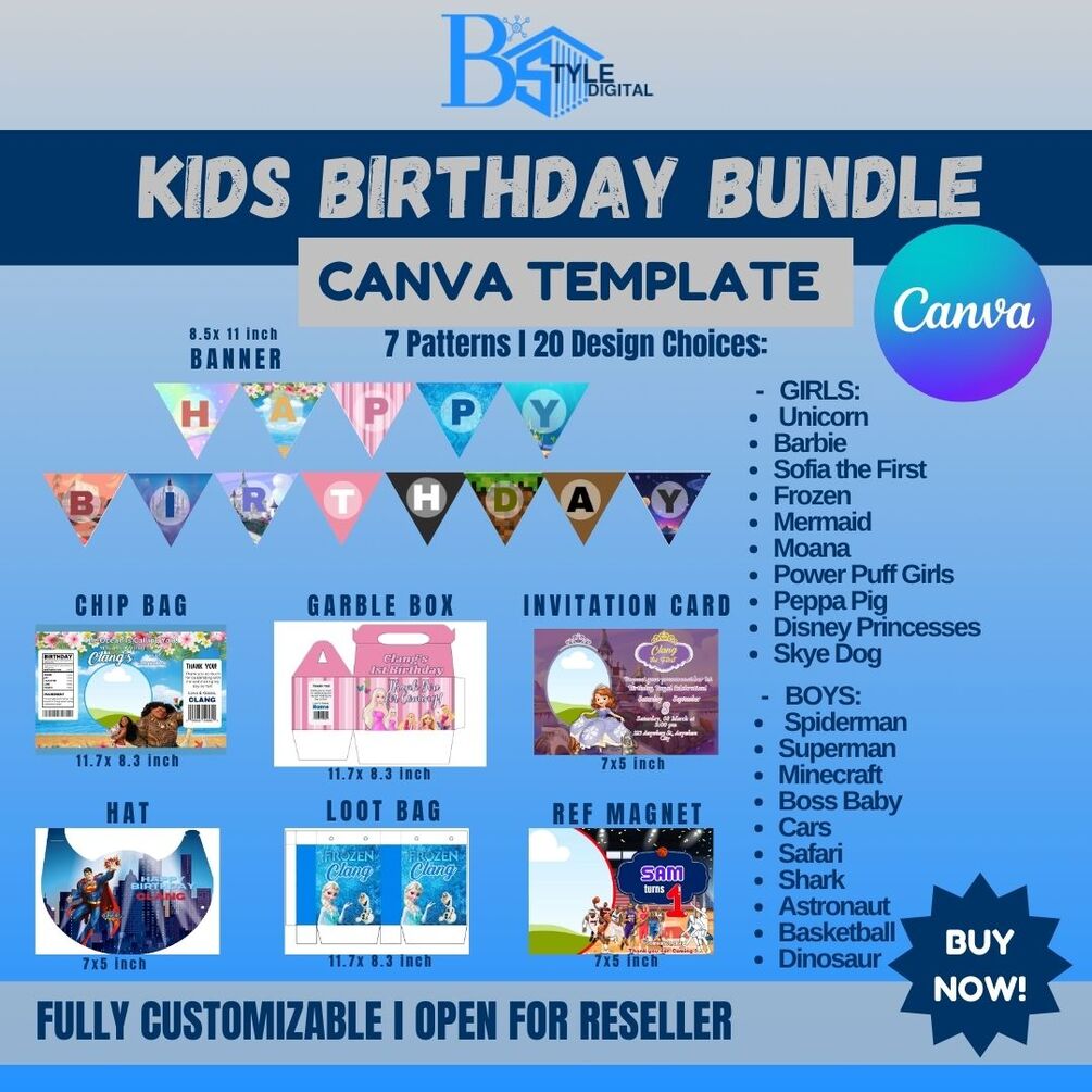 BIRTHDAY PARTY BUNDLE FOR KIDS (7 Patterns) l 20 Theme Designs l BStyle ...