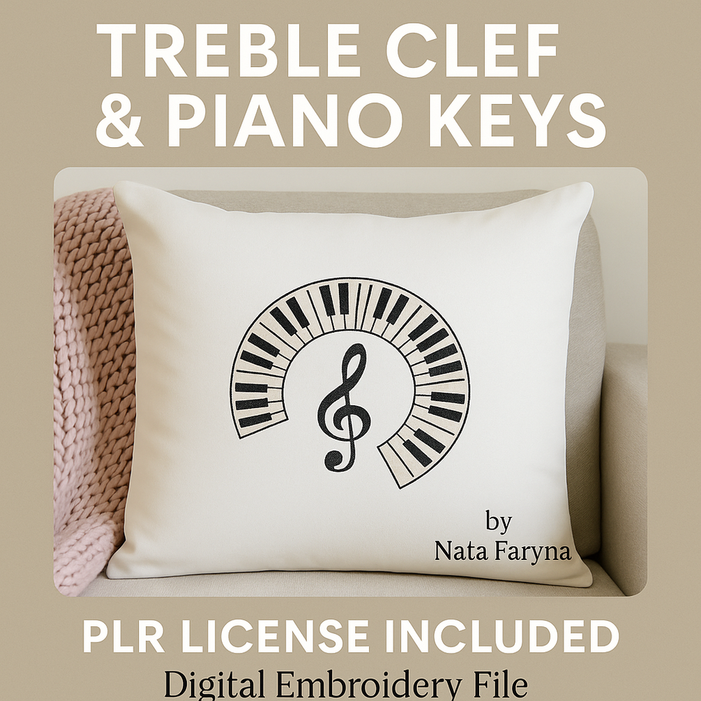 PLR Embroidery Design – Treble Clef & Piano Keys | Resell License Included
