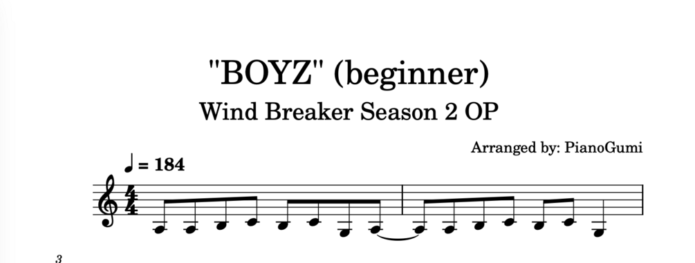 Wind Breaker Season 2 OP - "BOYZ" - BEGINNER Piano Sheet Music