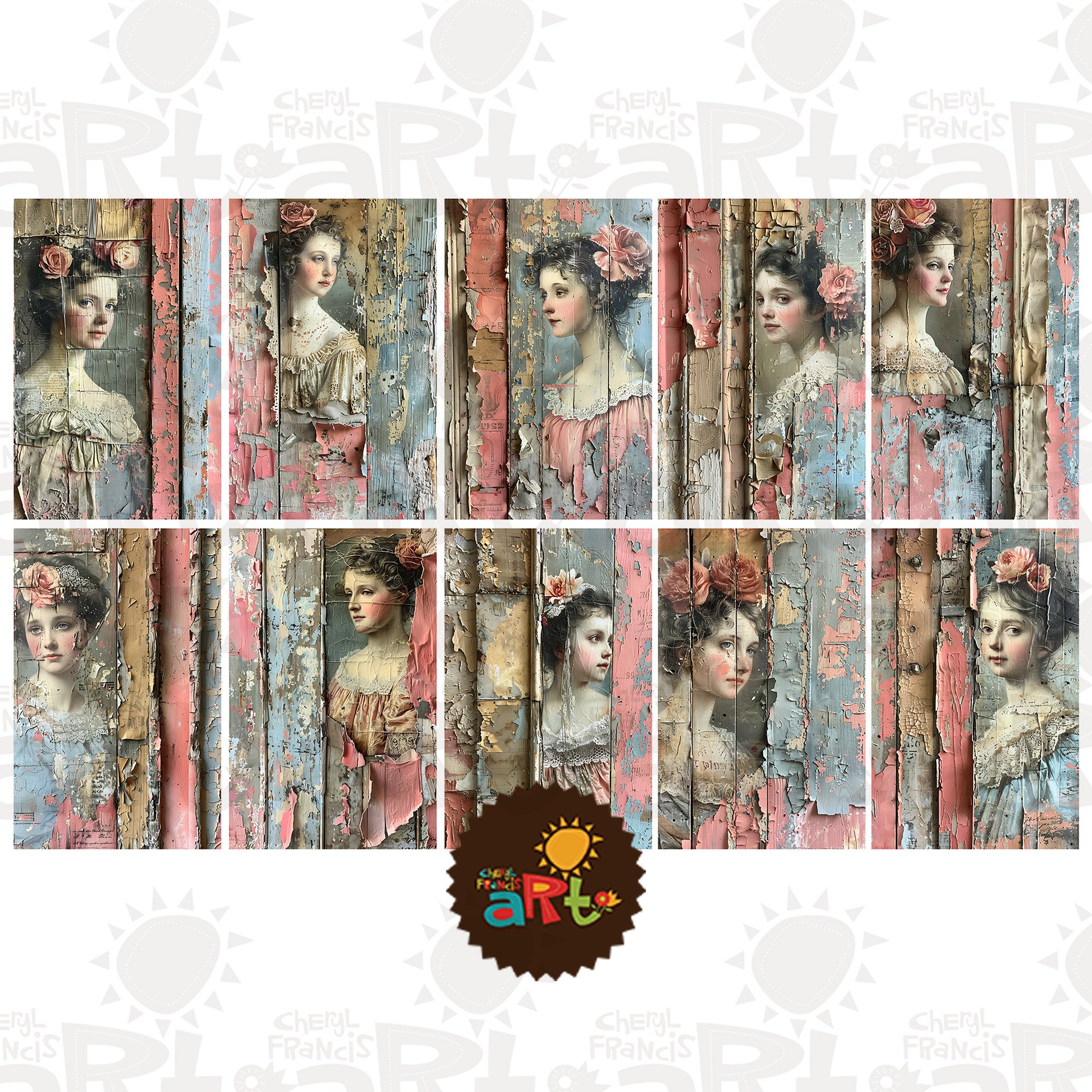 20 pc Peeling Paper and Paint Portrait Young Lady Printable Junk ...