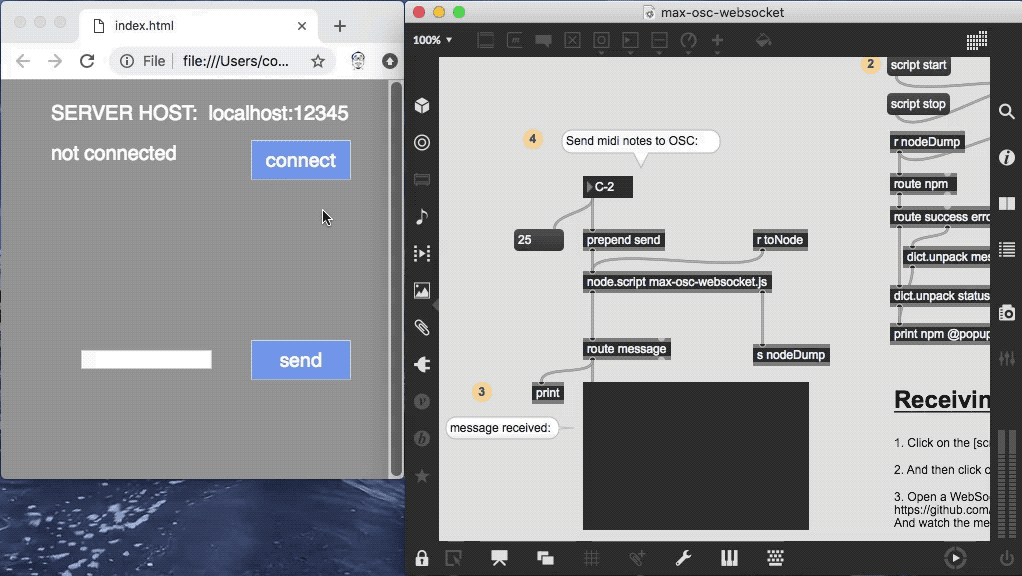 MaxMSP receiving/sending OSC data through WebSocket