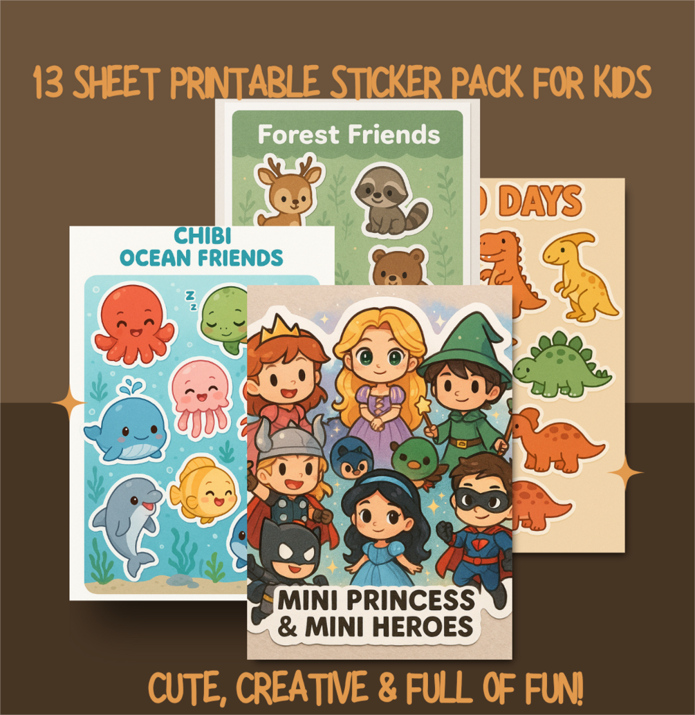 13 Sheet Printable Sticker Pack for Kids – Cute, Creative & Full of Fun