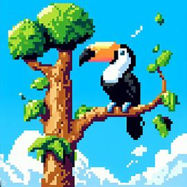 pixel art de un tucan en un arbol