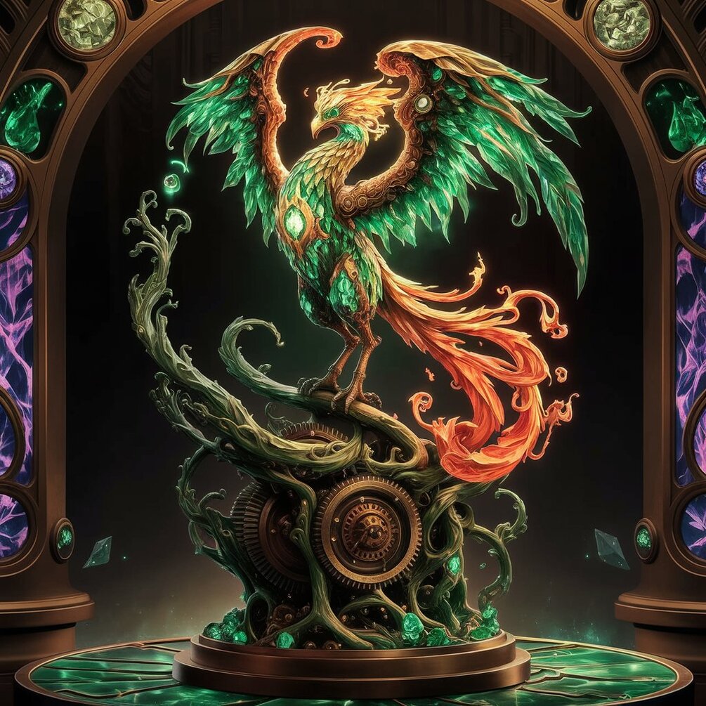 "Emerald Phoenix of Rebirth: Mechanical Majesty Rising from Gears"