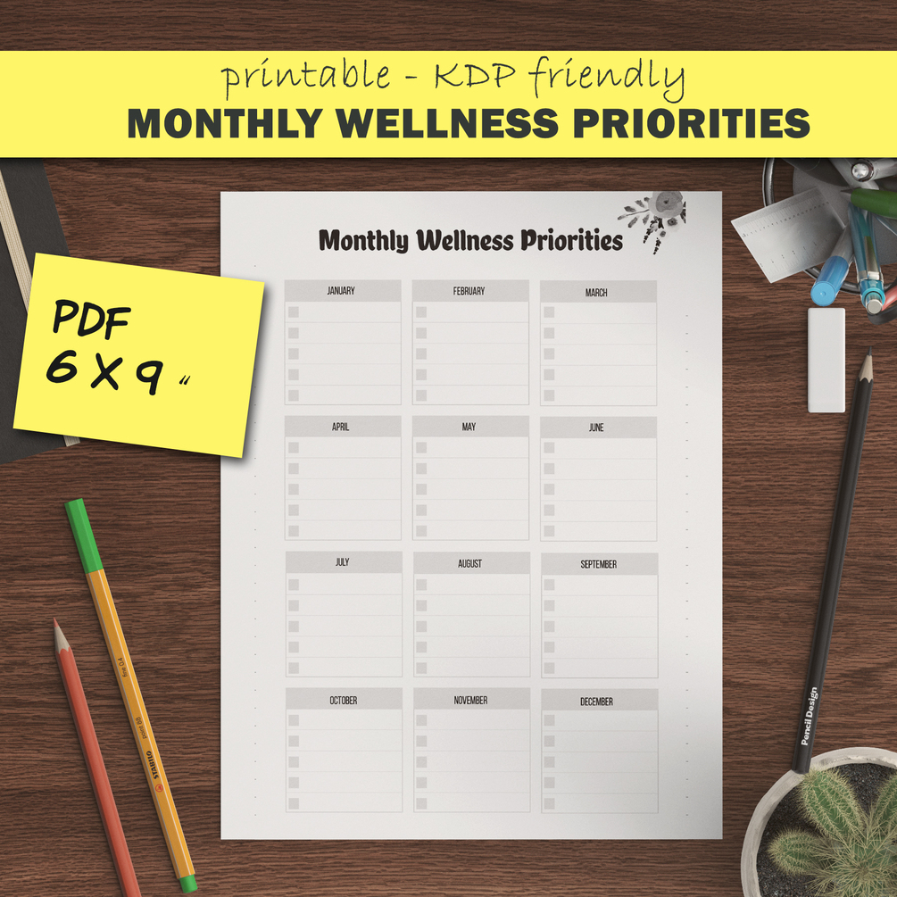Monthly Wellness Priorities | Printable 6x9 PDF | KDP interior element