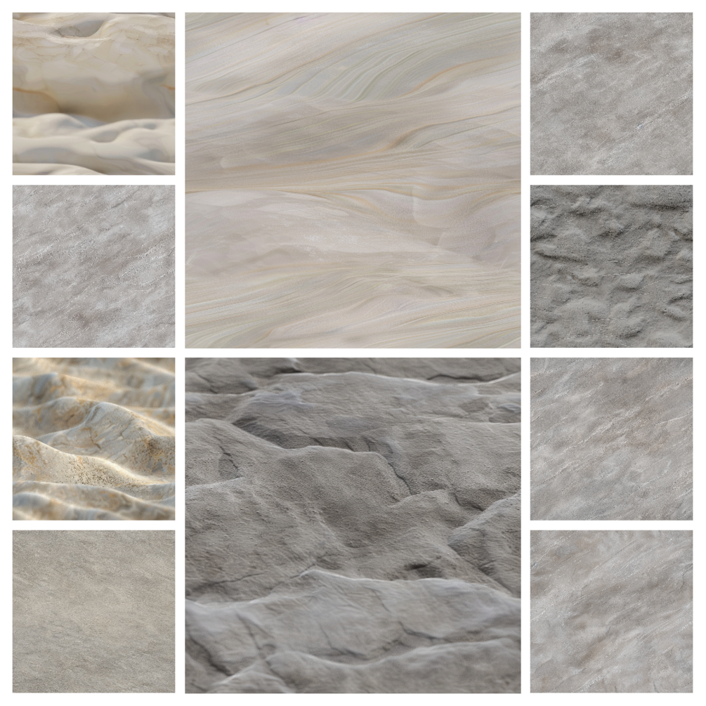 Set of 23 smooth stone seamless textures, realistic PNG patterns