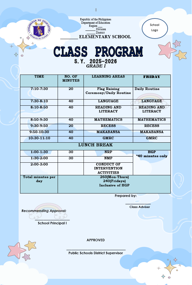 MATATAG CLASS PROGRAM 2025-2026 (GRADE 1-6)