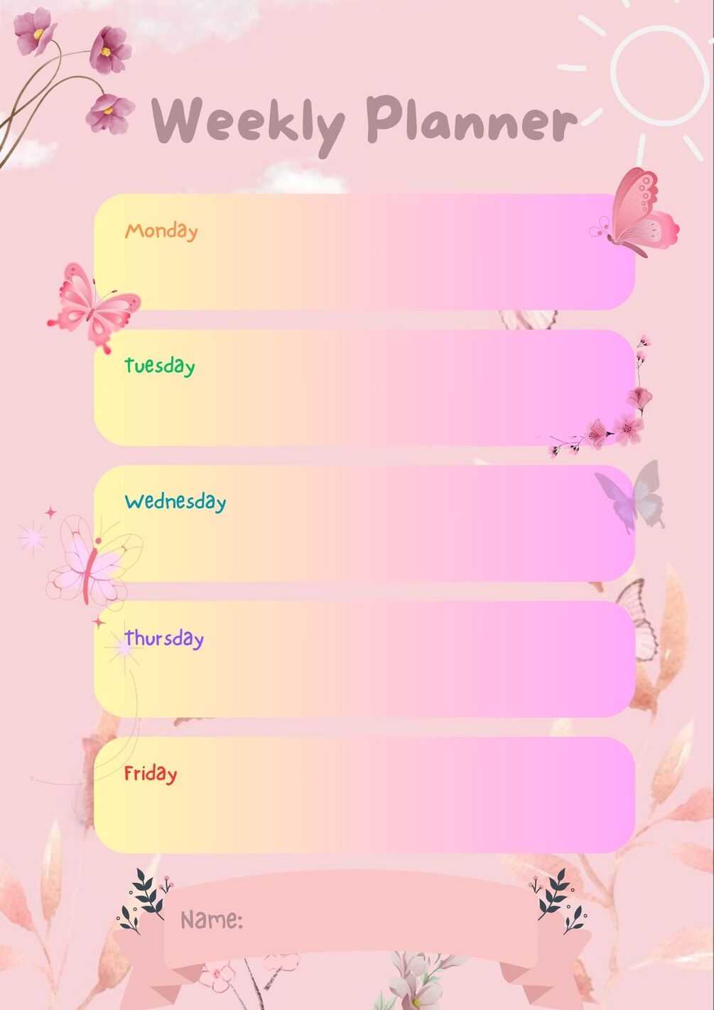 Pink Butterfly Weekly Planner