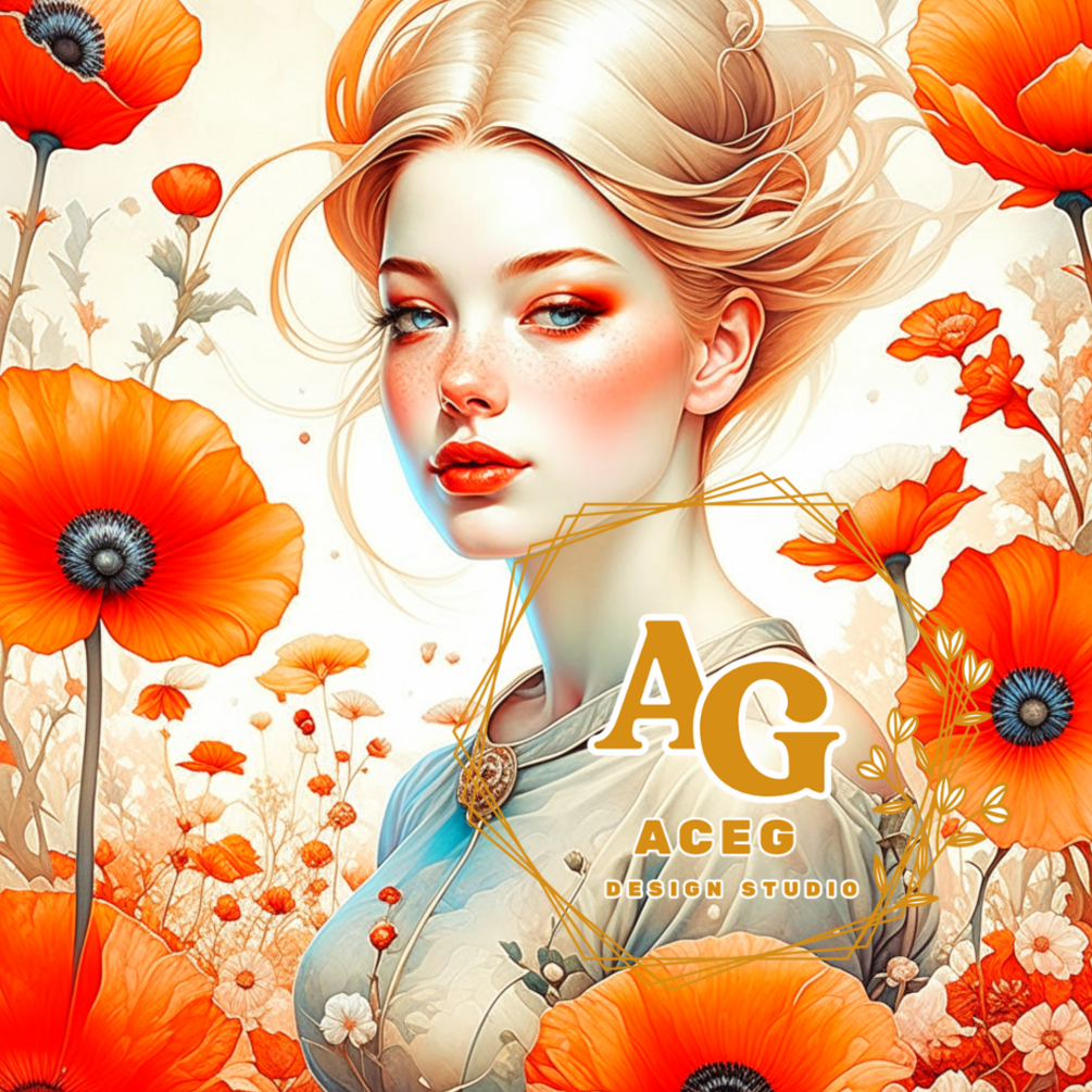 Beautiful fairytale princess covered in floral poppies patterns in a ...