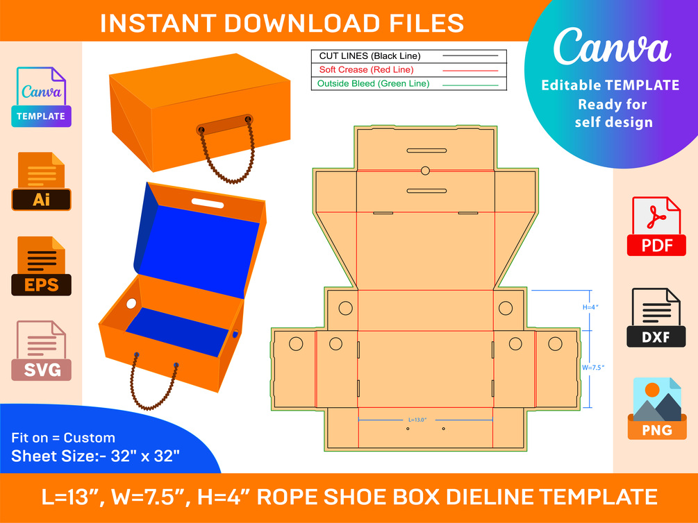 Rope Handle Shoe Box Dieline Template Medium Size
