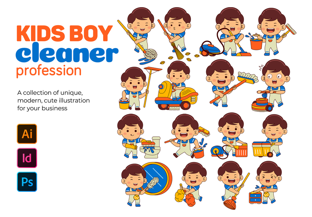 Cute Boy Cleaner Profession Vector Pack