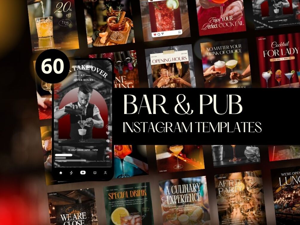 60+ Bar and Pub Instagram Templates | Cocktail Marketing Kit | Editable ...